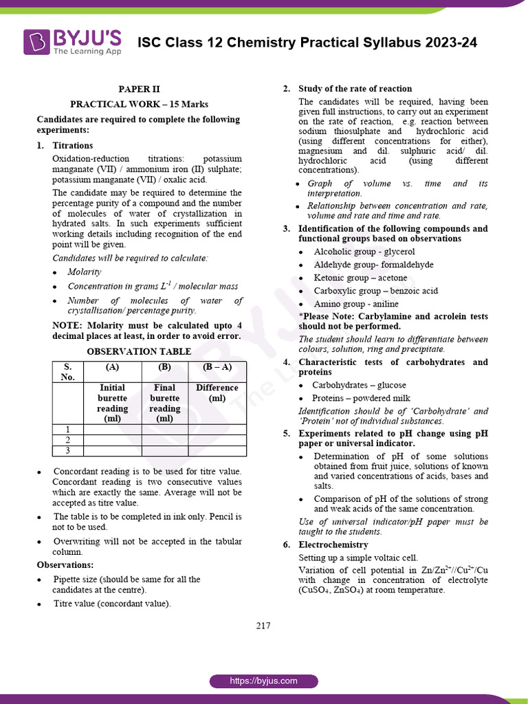 ISC Class 12 Chemistry Practical Syllabus 2023 24 | PDF | Salt ...