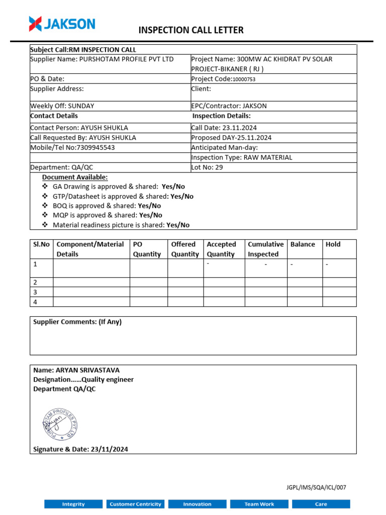 Pur Jks Fact Inpection Call Letter Rmi | PDF