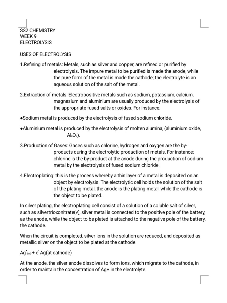 SS2 Chemistry Week 9 Electrolysis 3 | PDF | Mole (Unit) | Anode