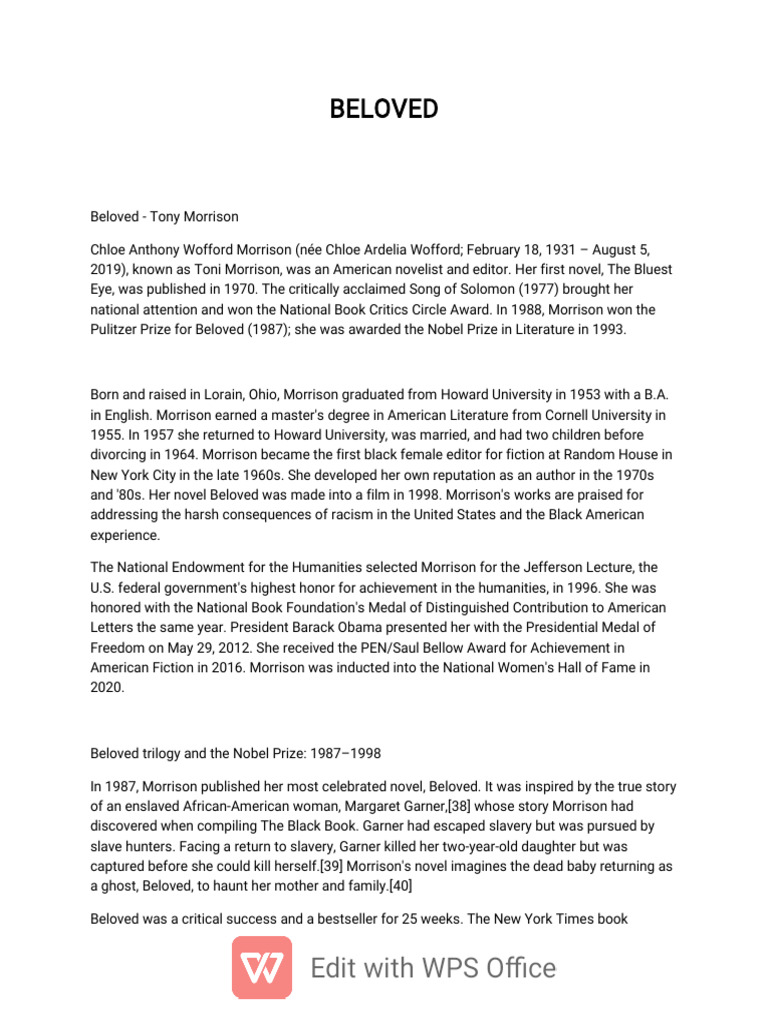BELOVED-Tony Morrison | PDF