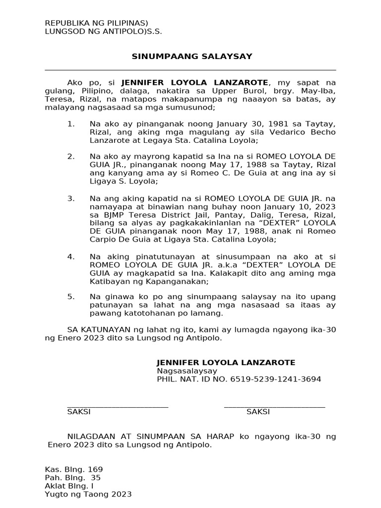 Sinumpaang Salaysay Ni Jennifer Loyola Lanzarote | PDF