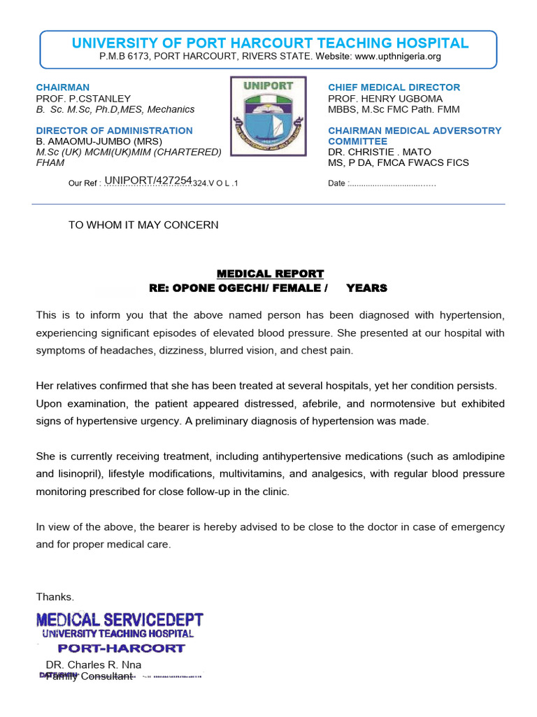 Hypertension Medical Report from UNIPORT | PDF