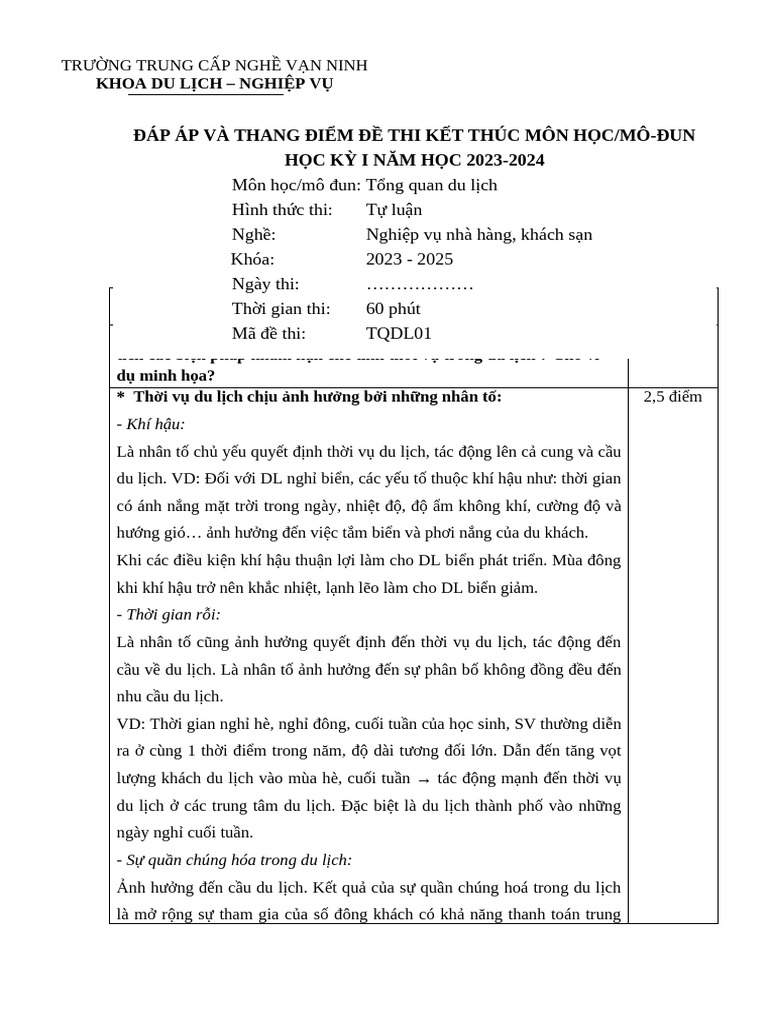 Đáp Án Môn Tổng Quan Du Lịch k23 | PDF