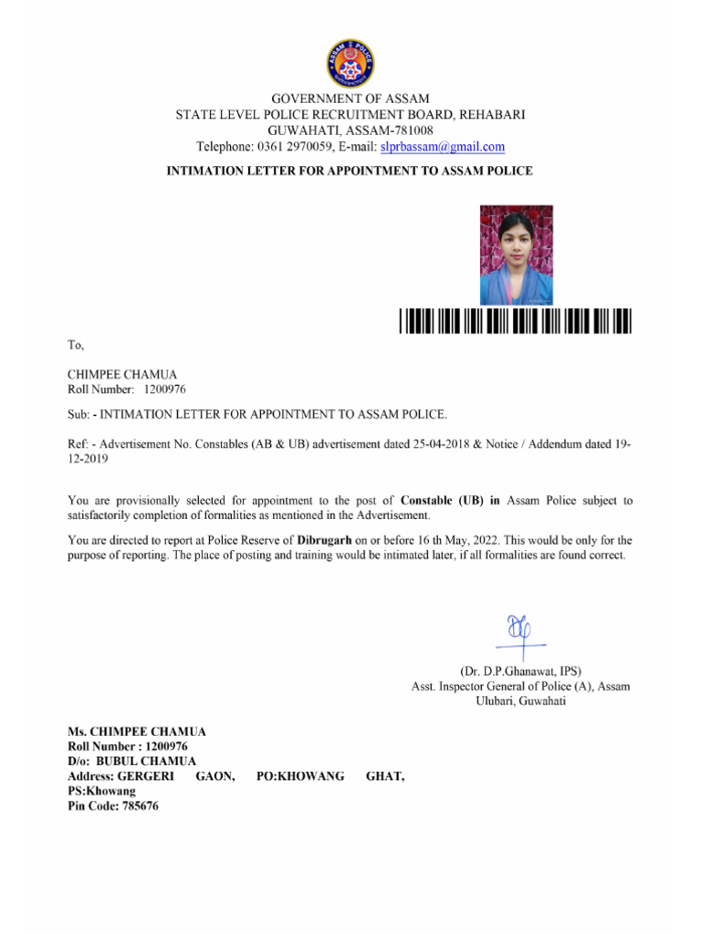 Assam Police - 1200976-Intimation-Letter | PDF
