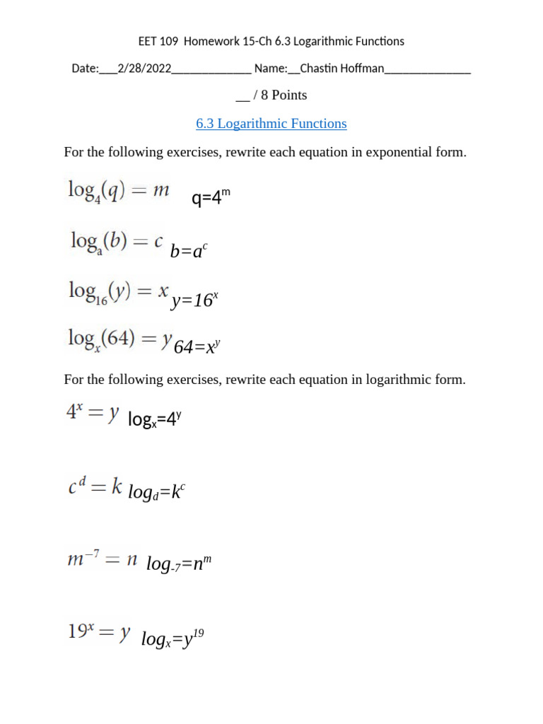Homework 15 Ch 6 3 Logarithmic Functions Pdf