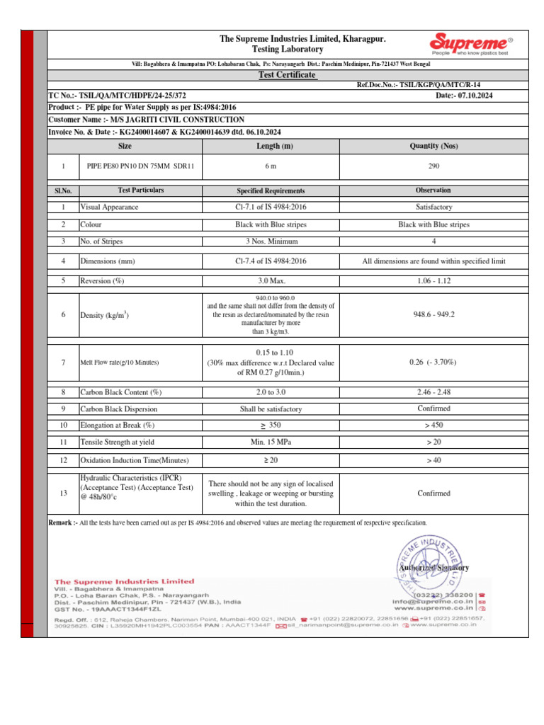 PE Pipe Test Certificate IS 4984:2016 | PDF | Physical Sciences ...