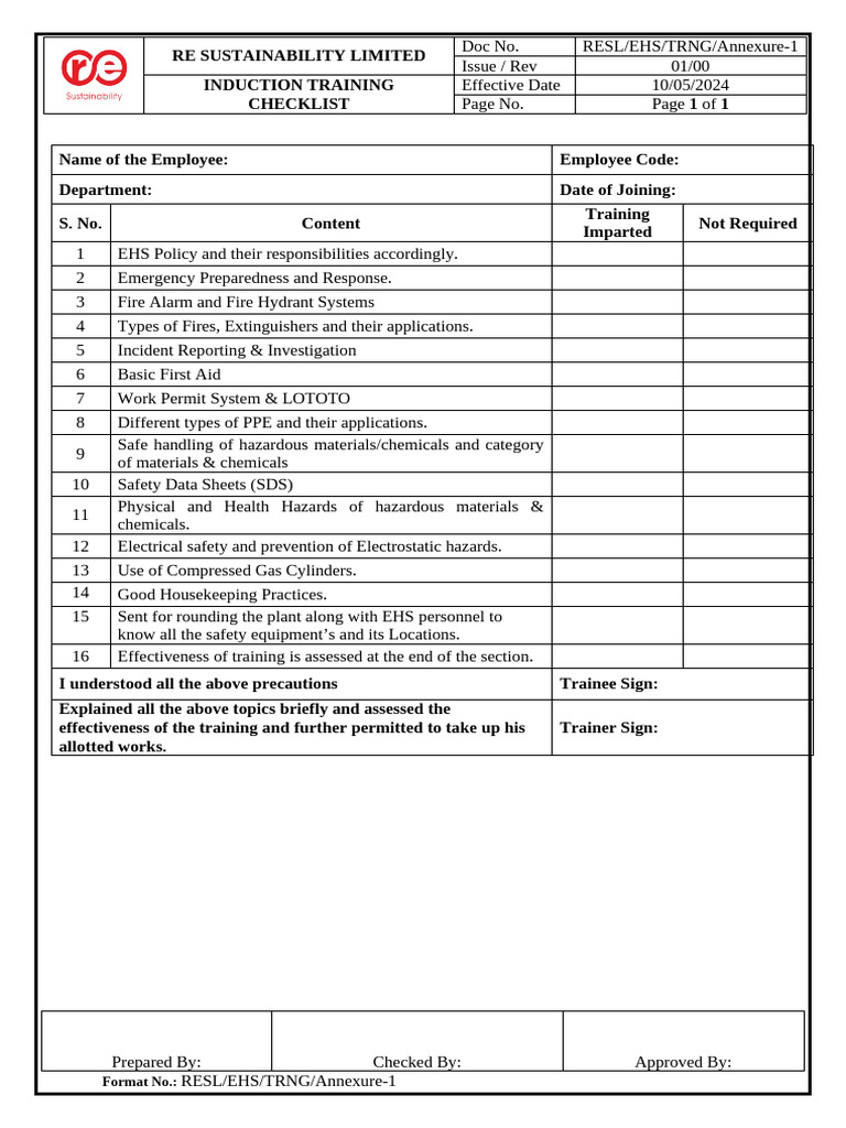 EHS Induction Training Checklist | PDF