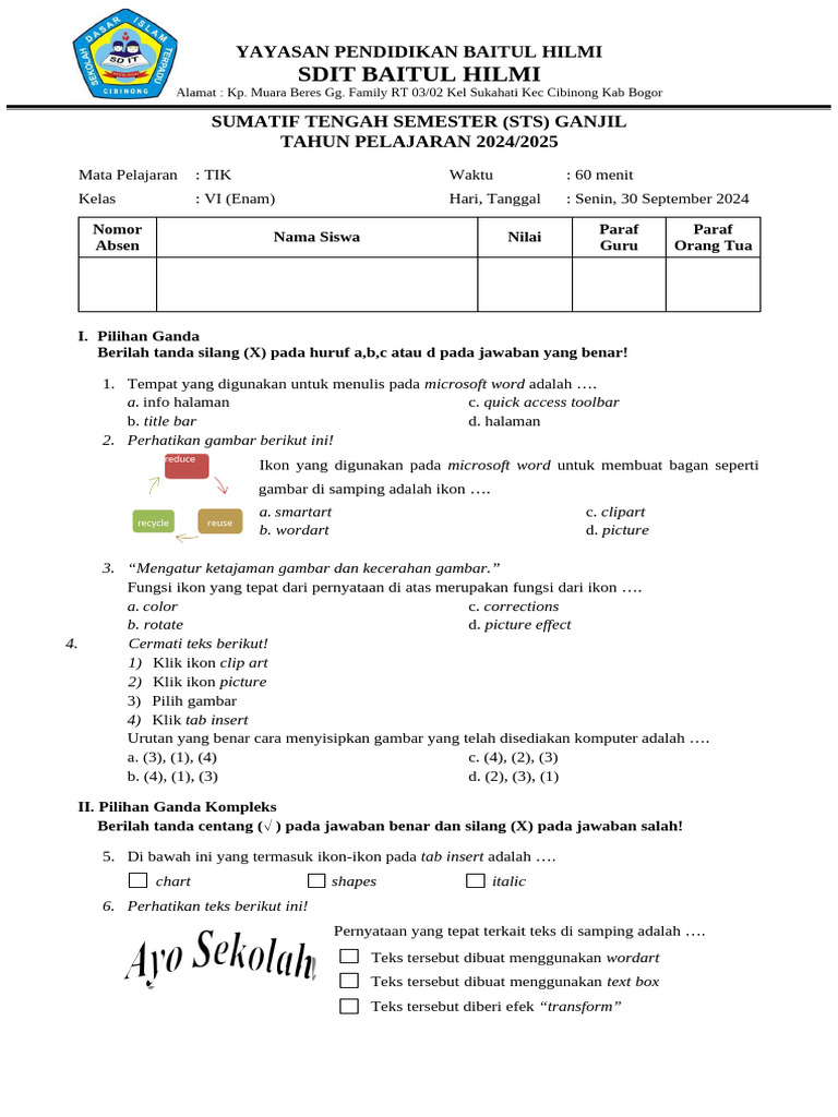 Contoh Soal Sts Tik 6 | PDF