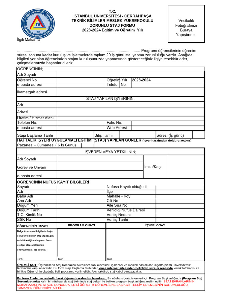Zorunlu Staj Tercih Formu - 2024 Guncel | PDF