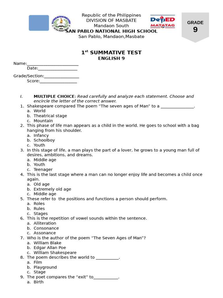 Summative Test English 9 | PDF | Poetry | Phonetics