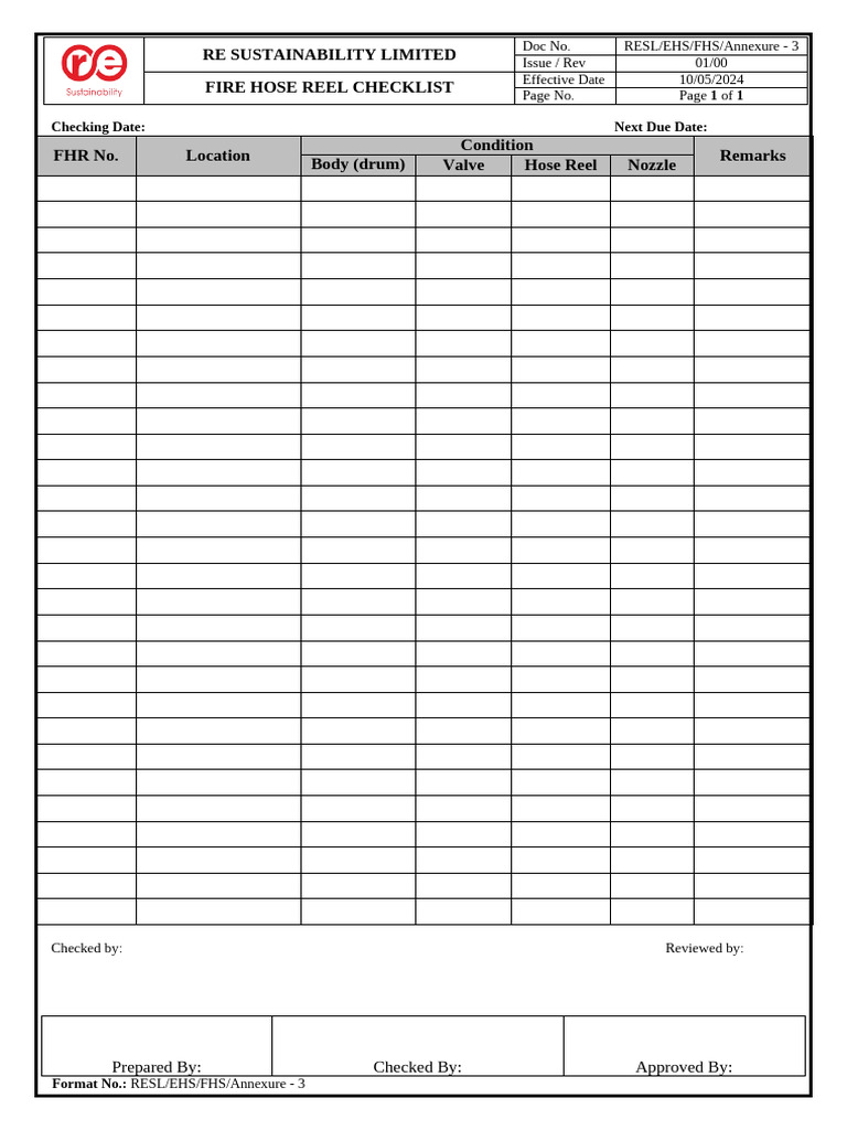 Annexure 3 Fire Hose Reel Checklist | PDF