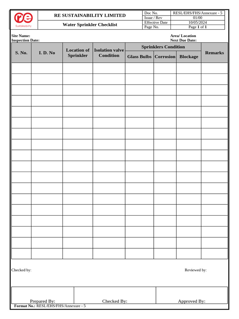 Annexure 5 Water Sprinkler Checklist | PDF