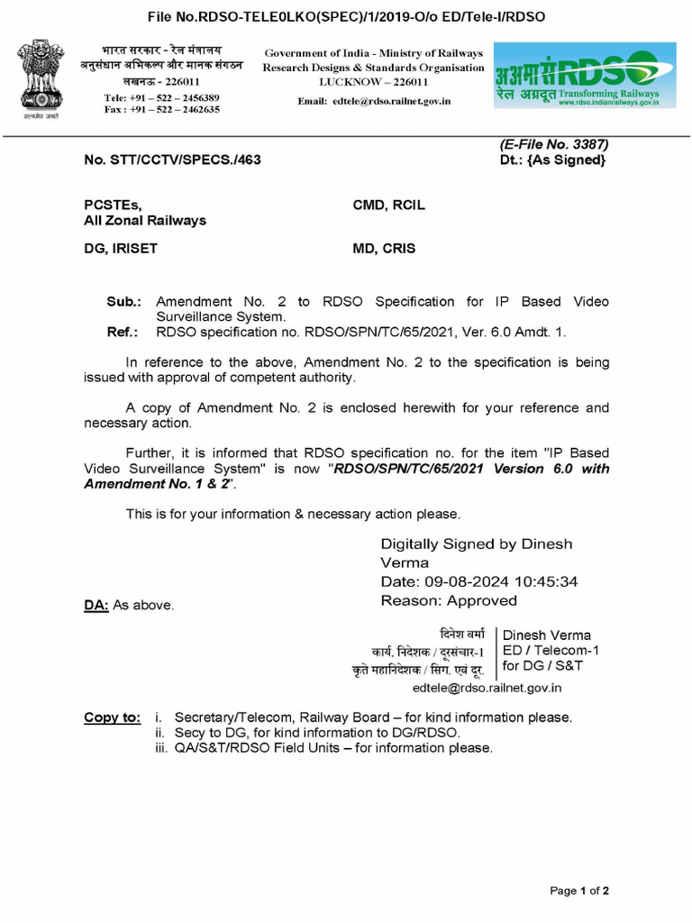 RDSO CCTV Specification Amendments | PDF