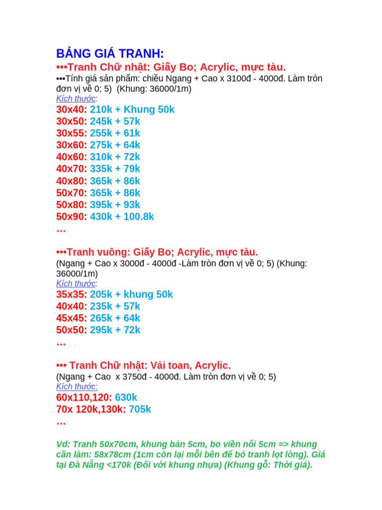 Bảng Giá Tranh&Khung 1 | PDF