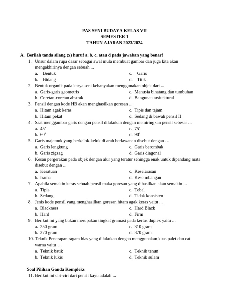 Soal PAS Ganjil Seni Budaya Kelas VII - 2023.2024 | PDF