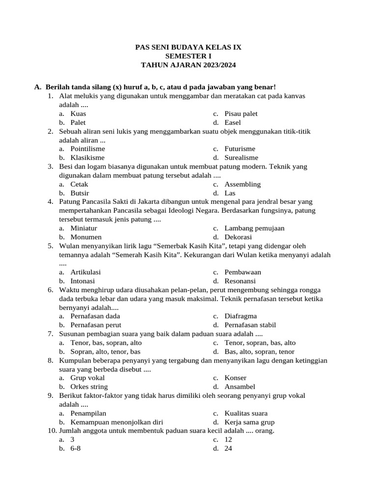 Soal PSAS Ganjil Seni Budaya Kelas IX - 2023.2024 | PDF