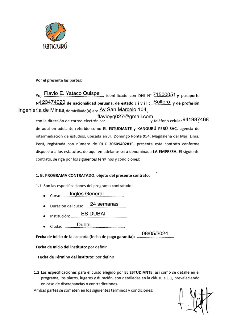 Contrato Estudiantes Kanguru Peru Sac | PDF | Business | Visa de viaje