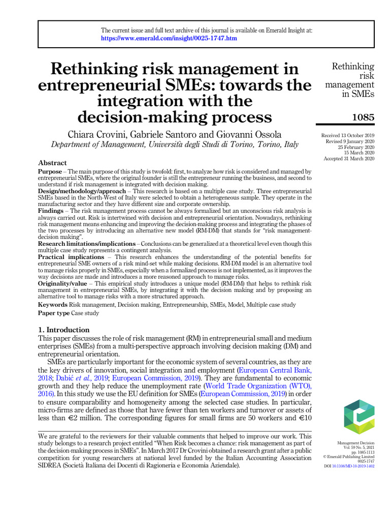 Integrating Risk Management in SME Decision-Making | PDF | Risk ...