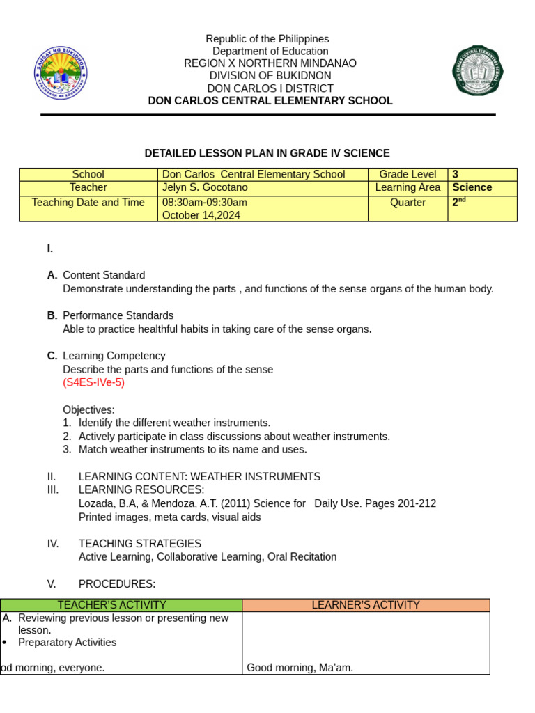 Grade 4 Weather Instruments Lesson Plan | PDF | Hydrology | Metrology