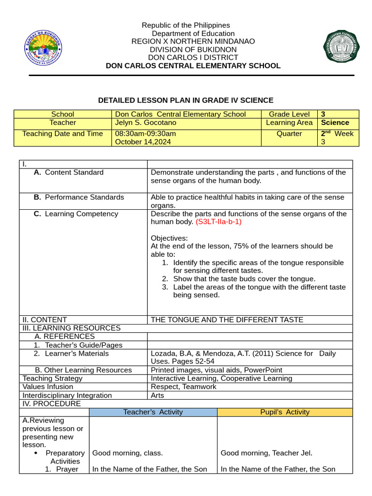 Detailed Lesson Plan in Science 4 | PDF | Taste | Lesson Plan