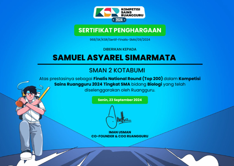 SAMUEL ASYAREL SIMARMATA - SERTIFIKAT KSR 2024 TOP 200 SMA Biologi | PDF