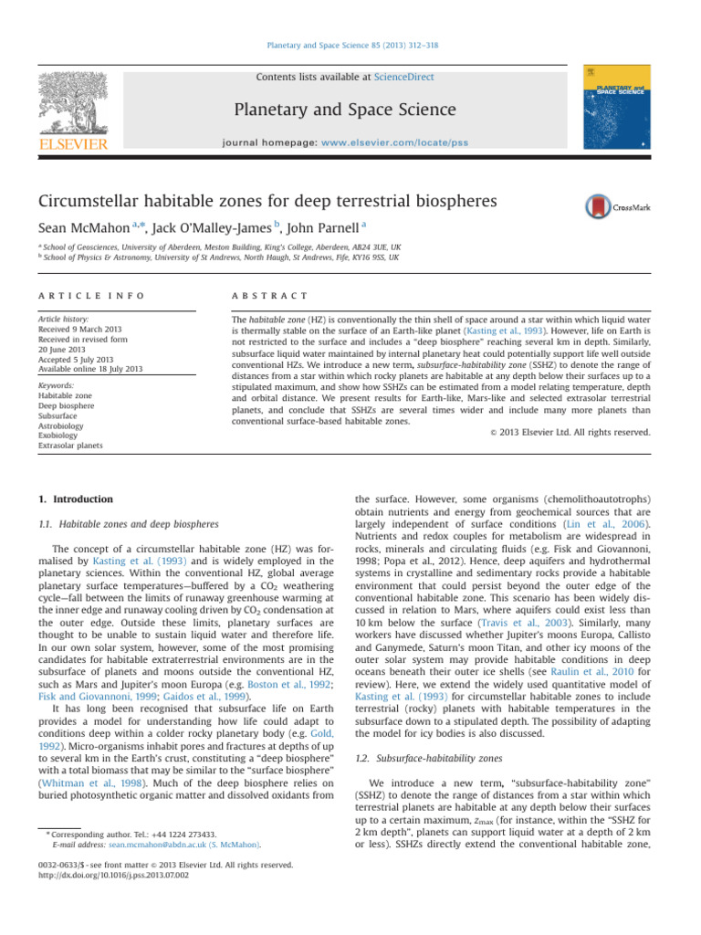 Circumstellar Habitable Zones For Deep Terrestrial Biospheres | PDF | Planetary Habitability | Earth