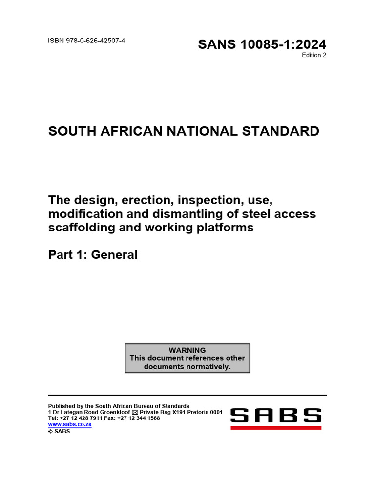 SANS 10085 1 2024 (Ed. 2.00) | PDF | Scaffolding
