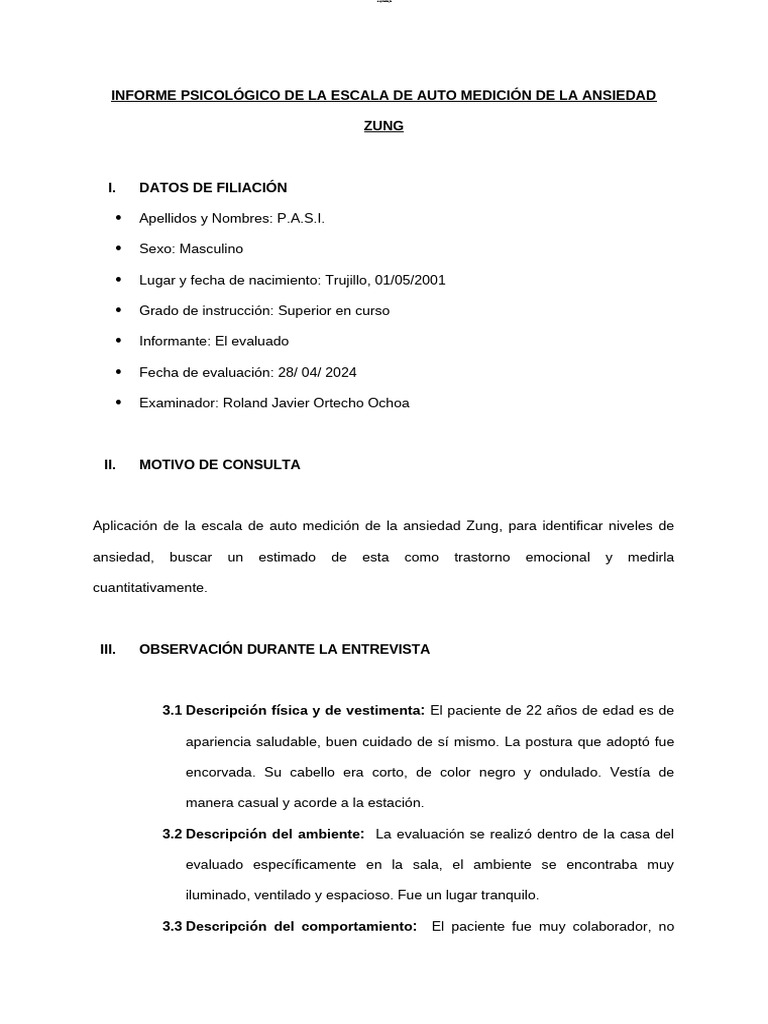 Informe Zung Ansiedad Test de Zung | PDF | Ansiedad | Terapia de ...