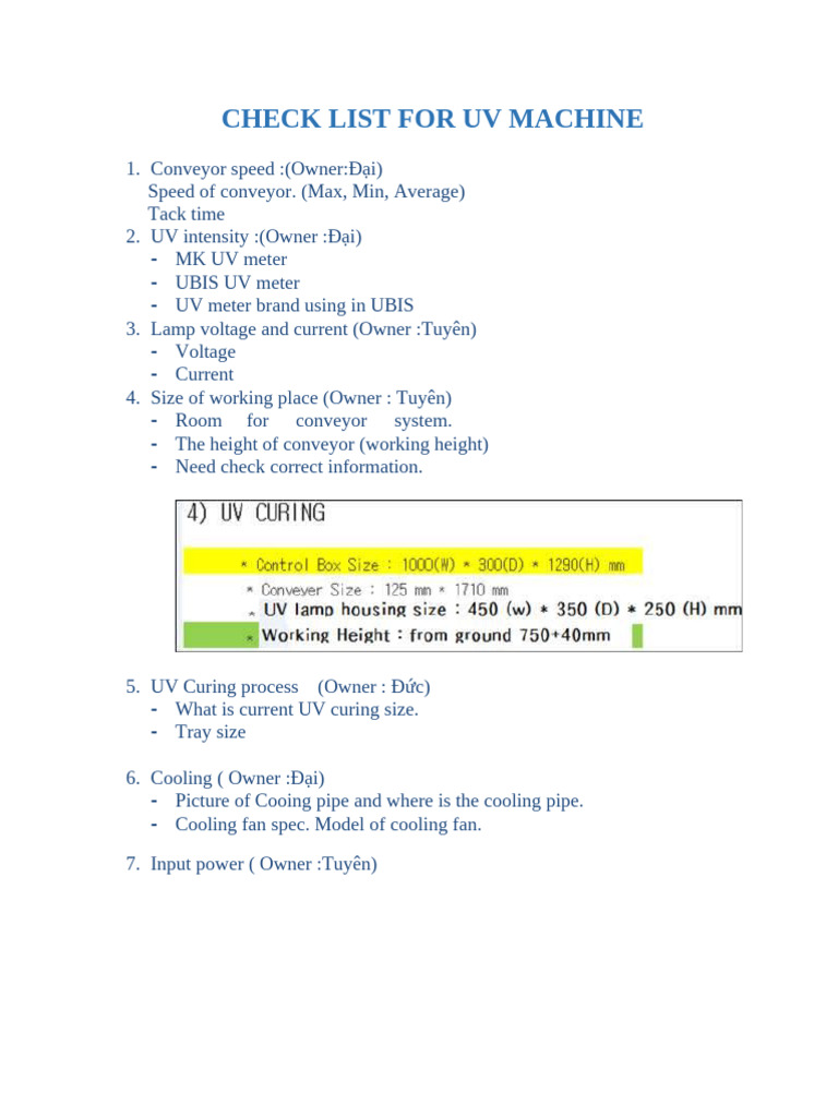 Check List For Uv Machine - Ubis | PDF