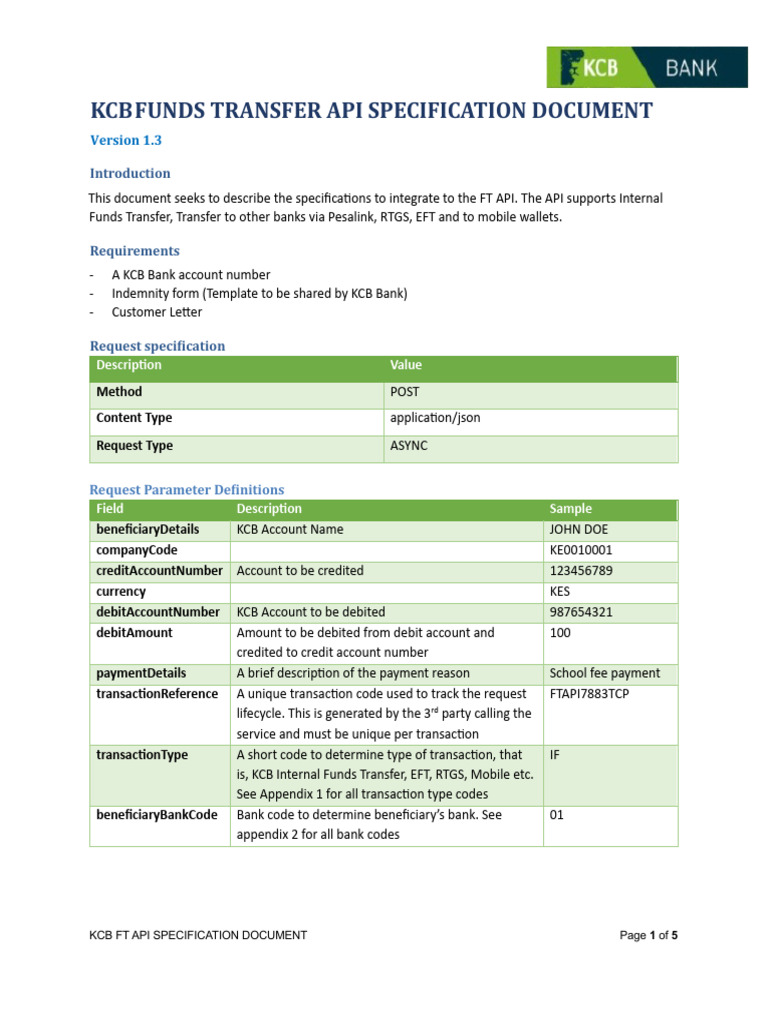 KCB FT Api Specification Document | PDF | Banks | Debit Card
