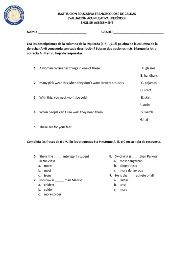 Grade 8 - English Assessment - First Period | PDF | Recreation ...