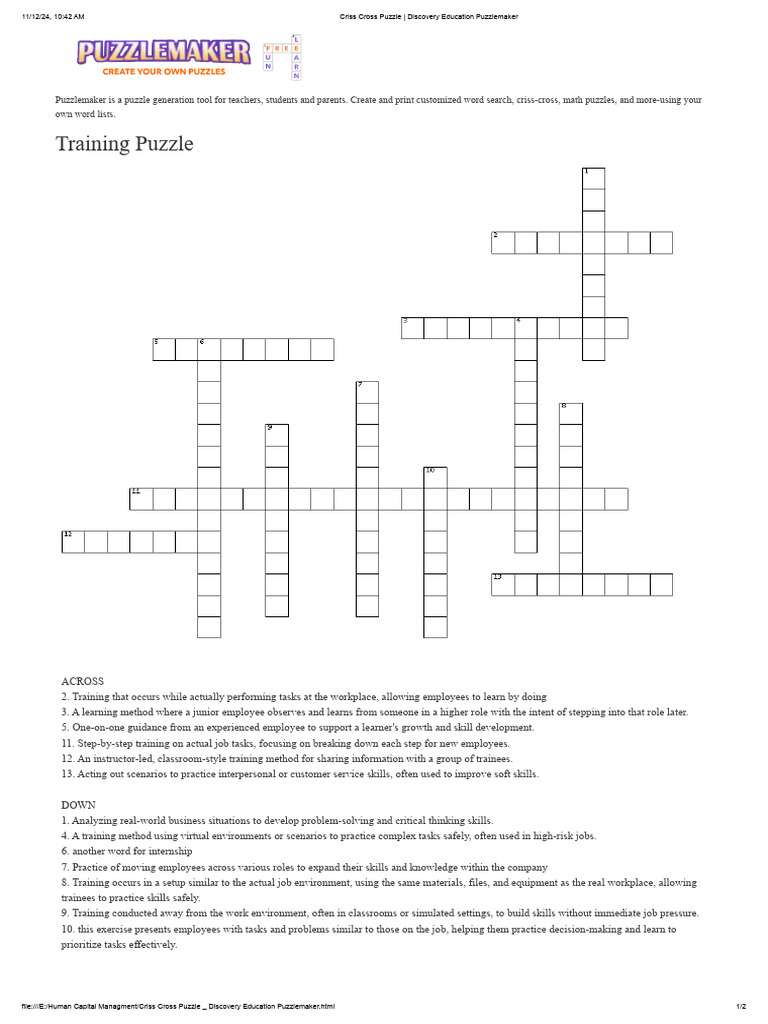 Criss Cross Puzzle - Discovery Education Puzzlemaker | PDF | Learning ...