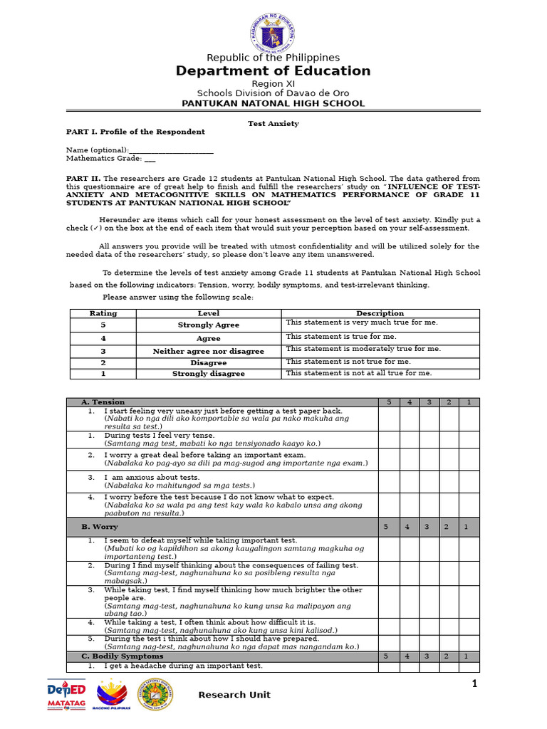 Test Anxiety Questionnaire Form | PDF | Psychology | Behavioural Sciences