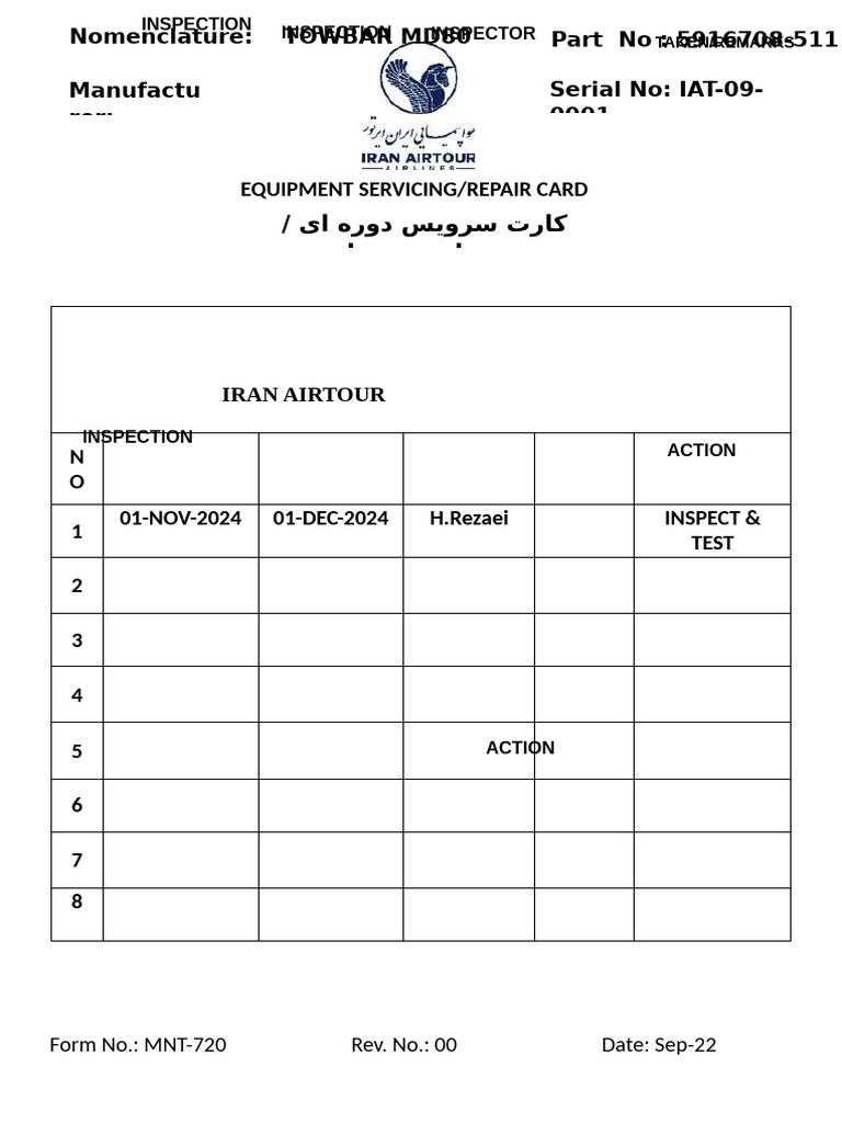 Equipment Servicing/Repair Card: Iran Airtour | PDF