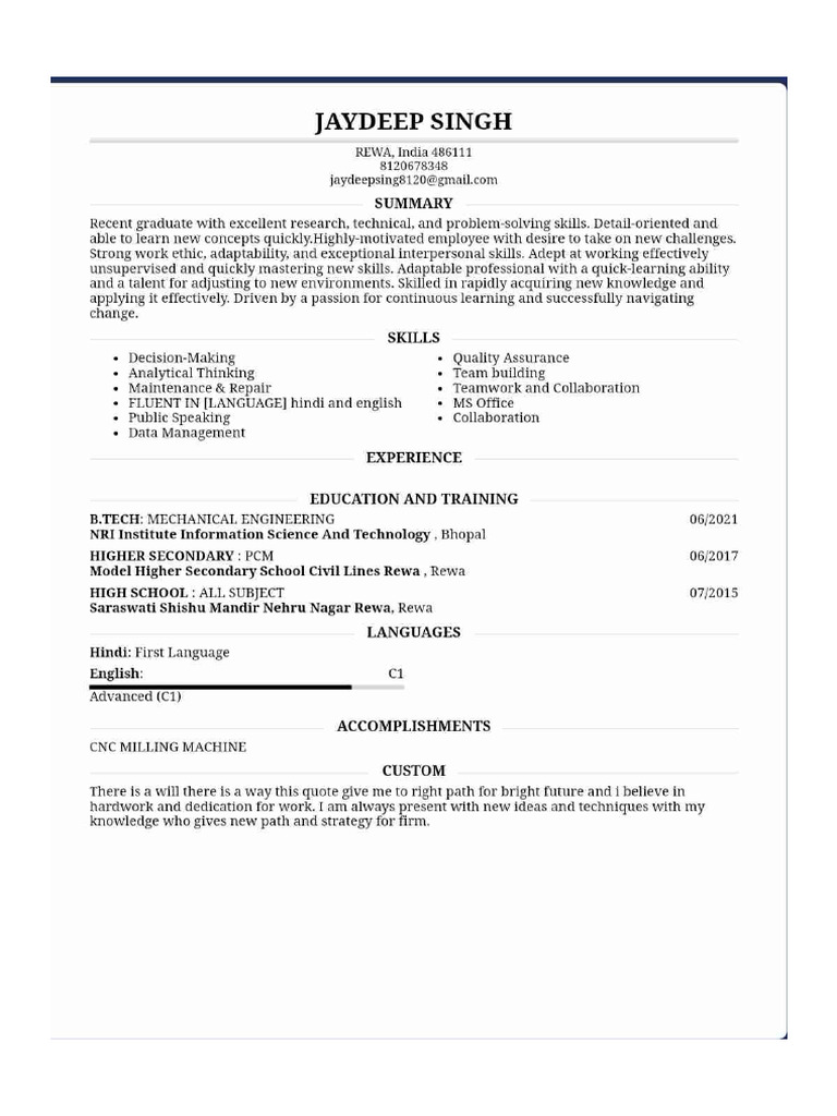 Jaydeep Singh (CV) | PDF