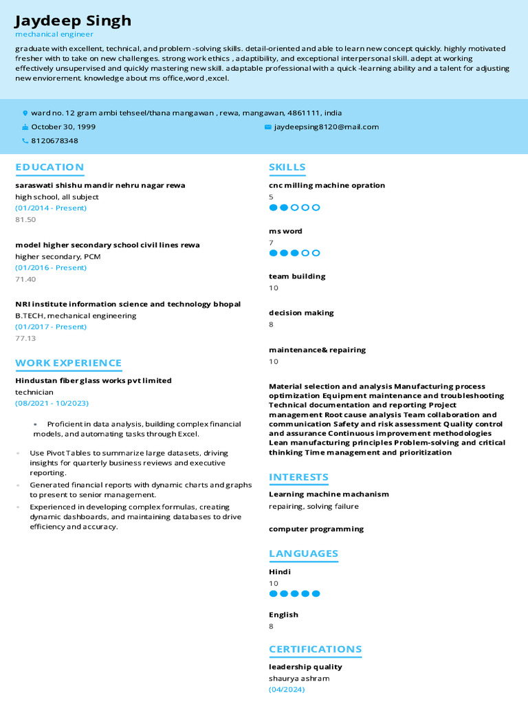 Resume Jaydeepsing8120 Jaydeep-Singh 1731849467 | PDF | Mechanical Engineering | Cognition