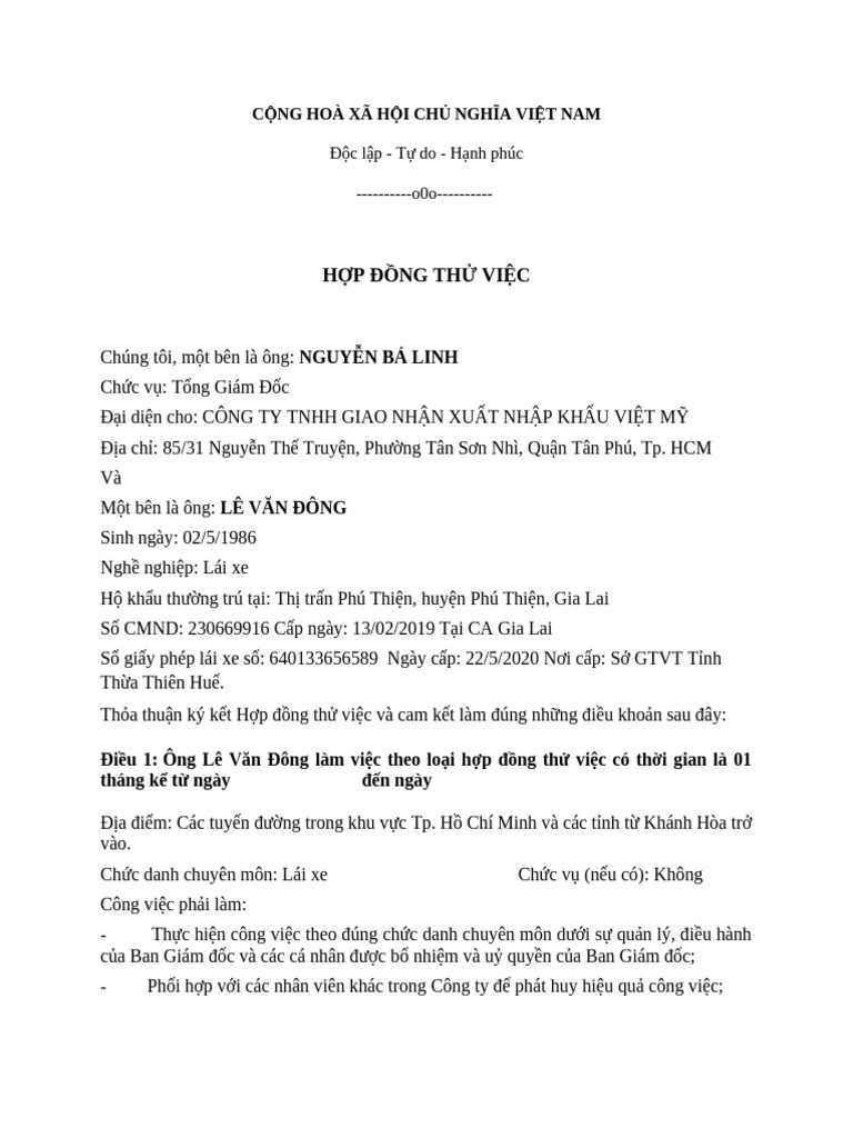 Hop-Dong-Thu-Viec - Lê Văn Đông | PDF