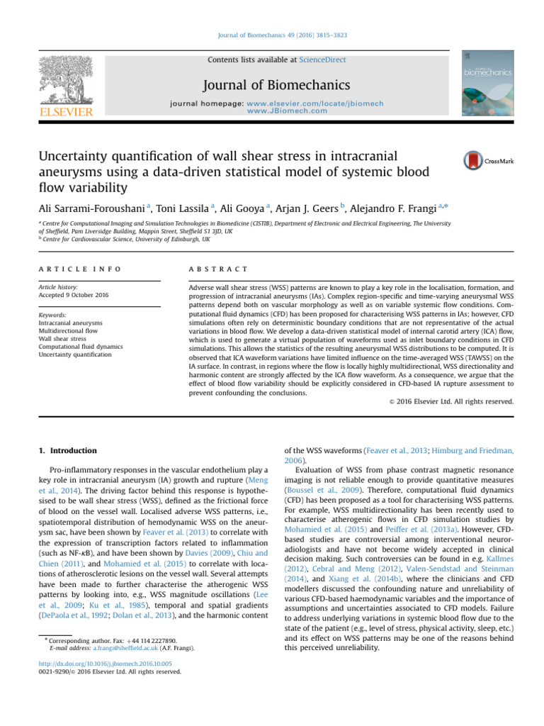 Uncertainty Quantification of Wall Shear Stress Using Data Driven Statistical Model | PDF ...