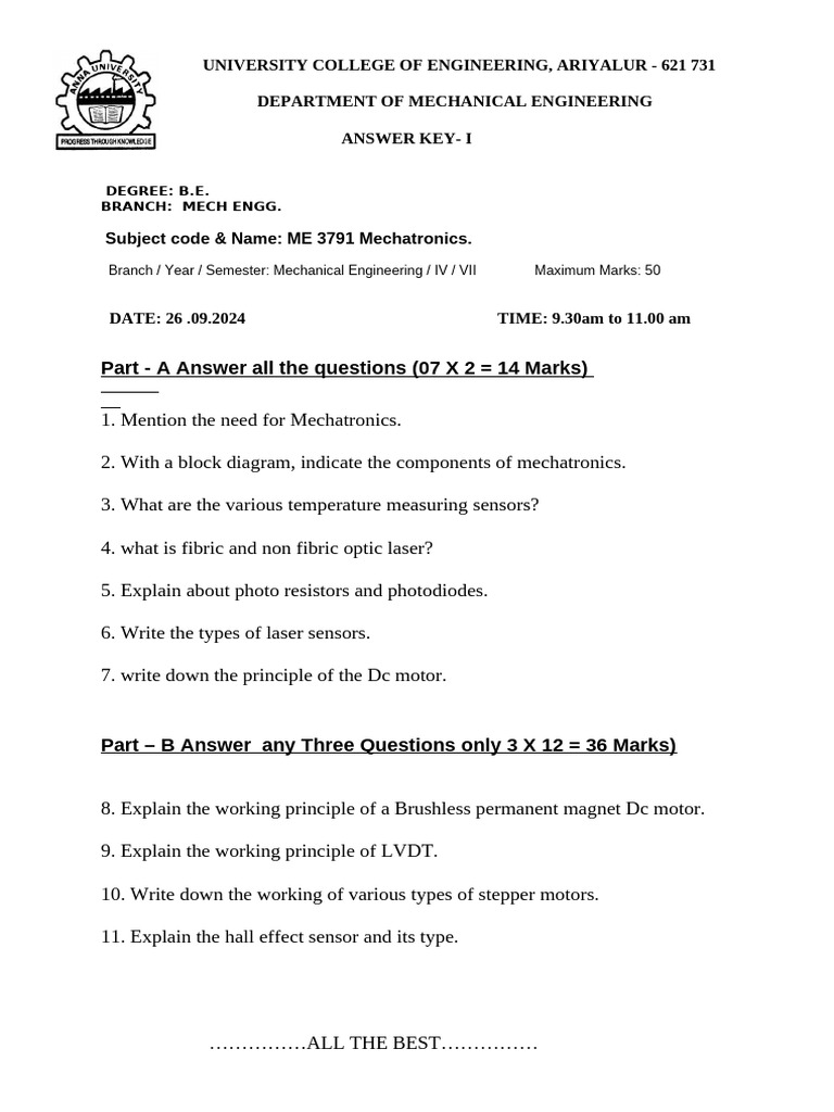 Answer Key 1 Mechatronics 2024 | PDF