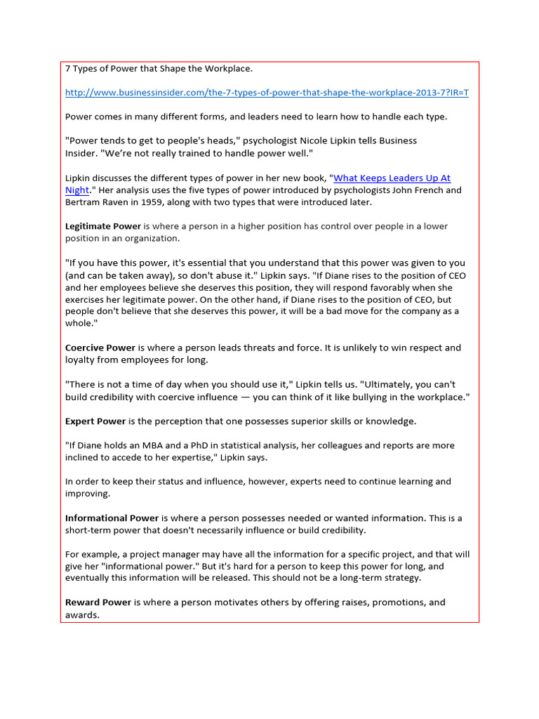 7 Types of Power | PDF | Power (Social And Political) | Behavioural ...