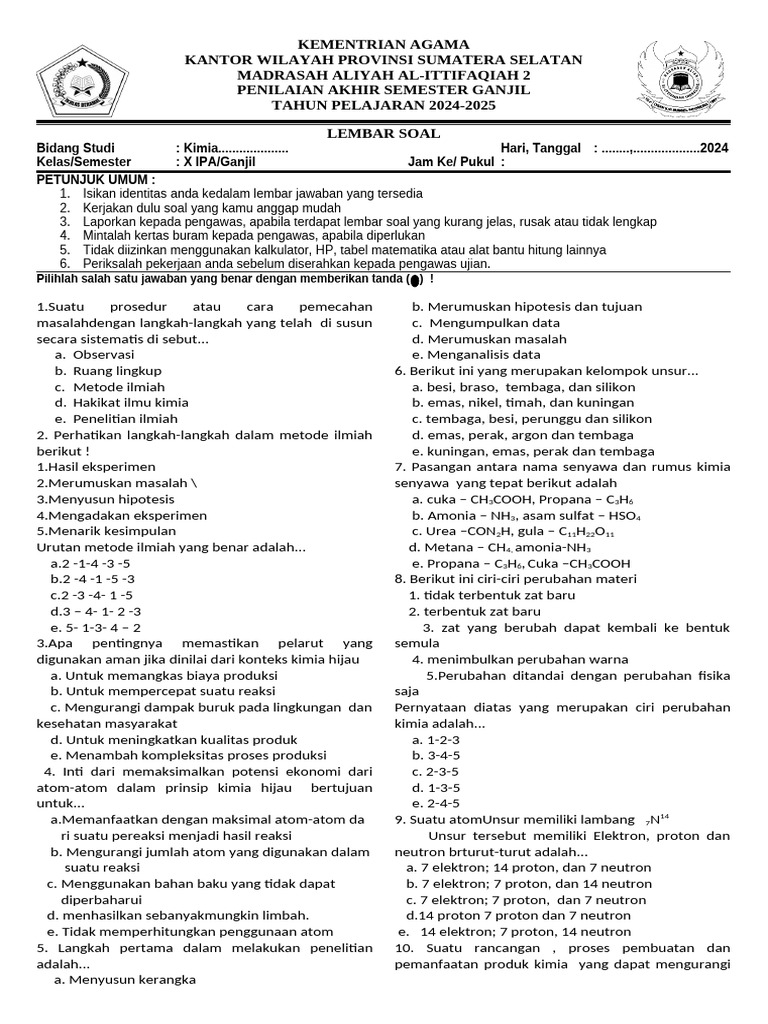 Soal Kimia Kelas X Sem Ganjil TP 24-25 Pondok | PDF