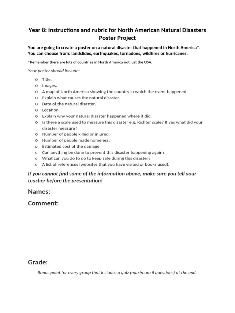Year 8 Natural Disasters Instructions and Rubric | PDF | Natural ...