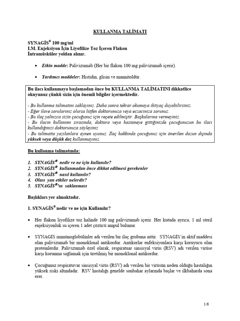 7758 Synagis 100mg Ml i m Enjeksiyon Icin Liyofilize Toz Iceren Flakon Kt | PDF