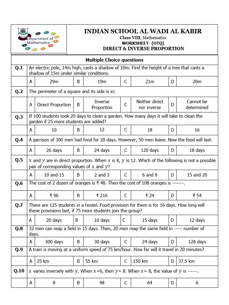 DIRECT & INVERSE PROPORTION_ MCQ & CASE STUDY | PDF