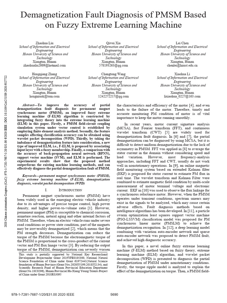 Demagnetization Fault Diagnosis of PMSM Based On Fuzzy Extreme Learning Machine | PDF | Wavelet ...