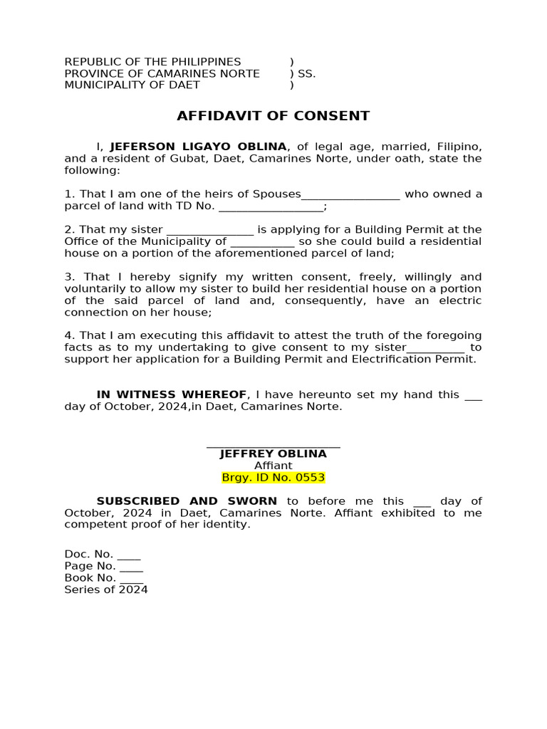 Affidavit of Consent for Building Permit | PDF