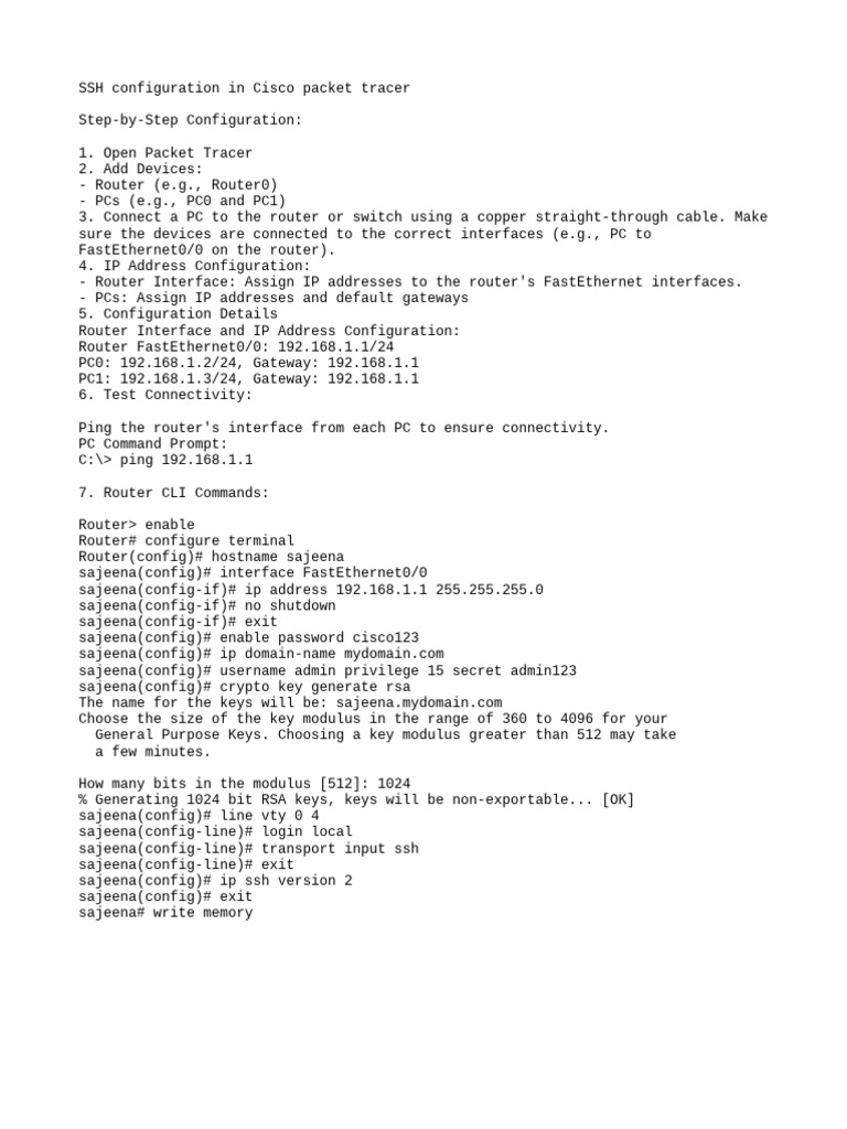 SSH Configuration in Cisco Packet | PDF