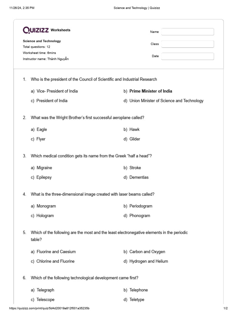 Science and Technology Quiz Worksheet | PDF | Dna Replication | Oxide