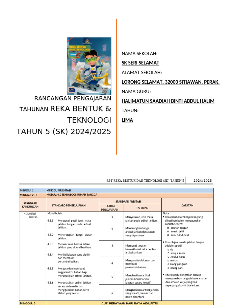 RPT RBT THN 5 2024-2025 | PDF