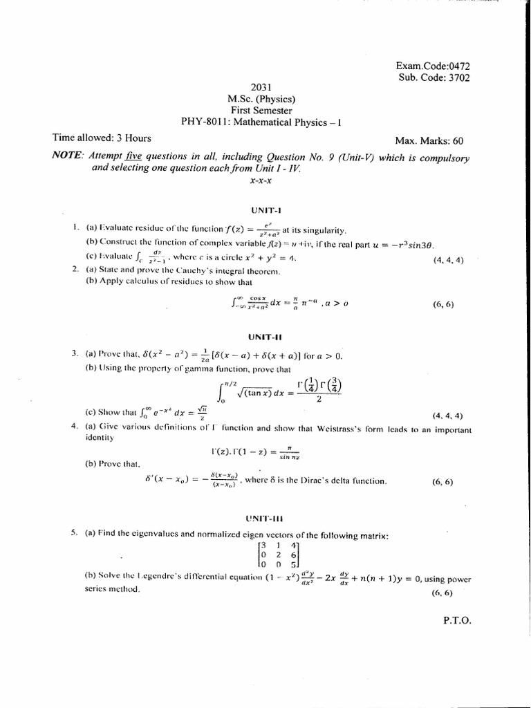 M.SC Physics Sem-I PHY-8011 Mathematical Physics I Feb 2021 | PDF